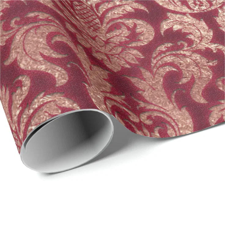 Damask Burgundy Rose Gold Royal Glitter Burgundy Wrapping Paper | Zazzle
