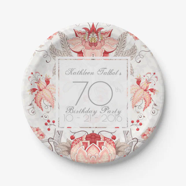 Damask Floral 70th Birthday Party Paper Plate | Zazzle