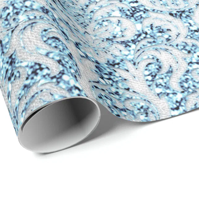 Damask Glitter Blue Silver Gray Royal Cottage Lux Wrapping Paper | Zazzle