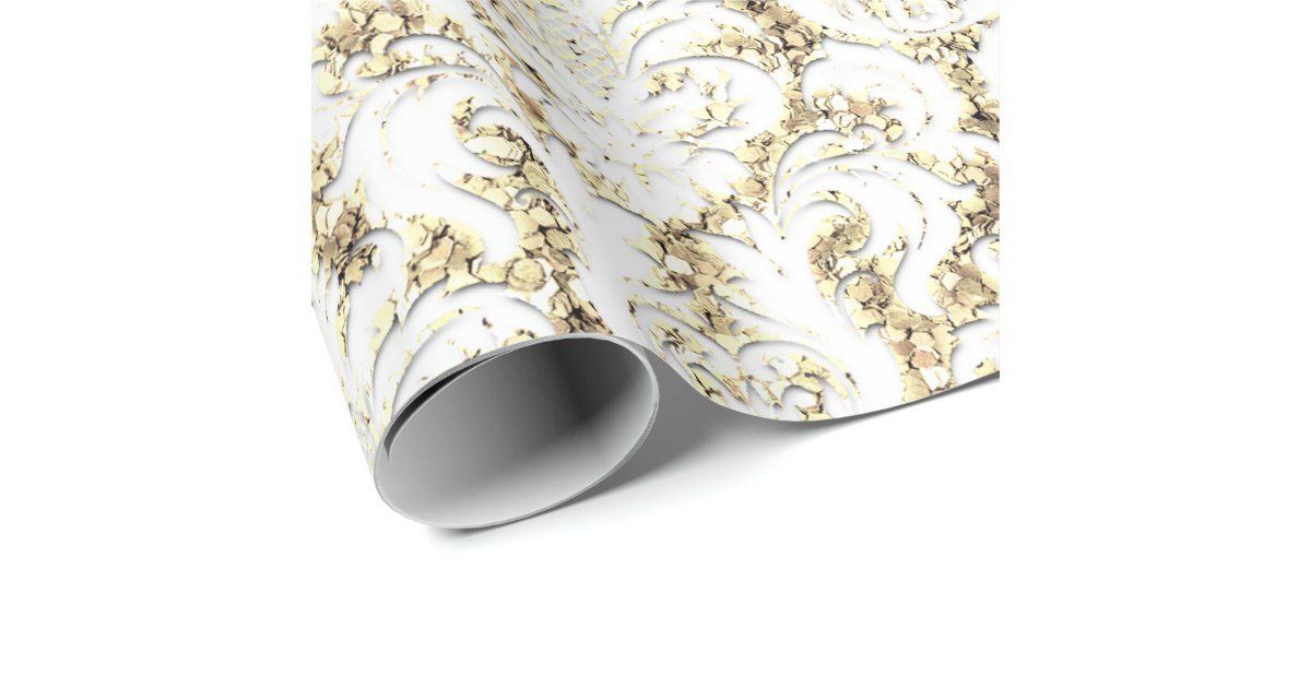 Damask Glitter Faux Gold White Royal Lux Wrapping Paper | Zazzle