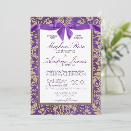 Damask Gold and Royal Purple Invitation Wedding | Zazzle