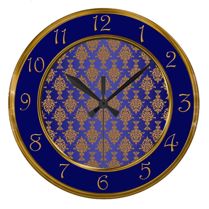 Damask Gold on Royal Blue Numbers Large Clock | Zazzle.com