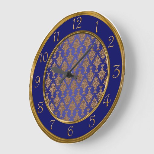 Damask Gold on Royal Blue Numbers Large Clock | Zazzle