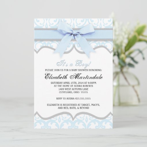 Damask Heart Blue Ribbon Baby Shower Invitation | Zazzle