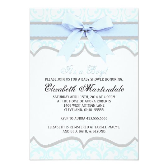 Damask Heart Blue Ribbon Baby Shower Invitation | Zazzle.com