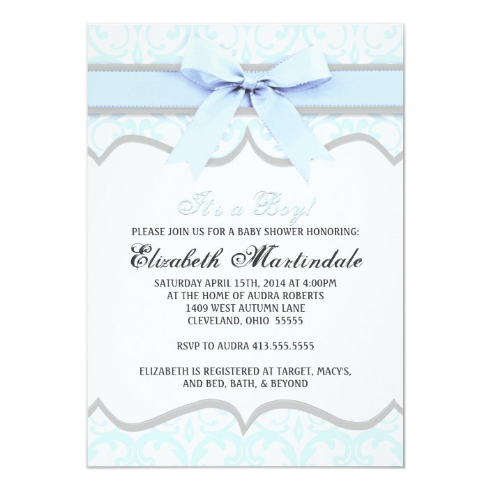 Damask Heart Blue Ribbon Baby Shower Invitation | Zazzle.com