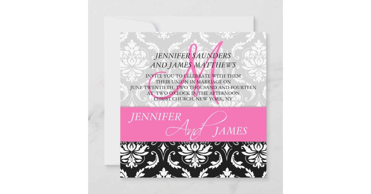 Damask Hot Pink Monogram Name Wedding Invitations | Zazzle