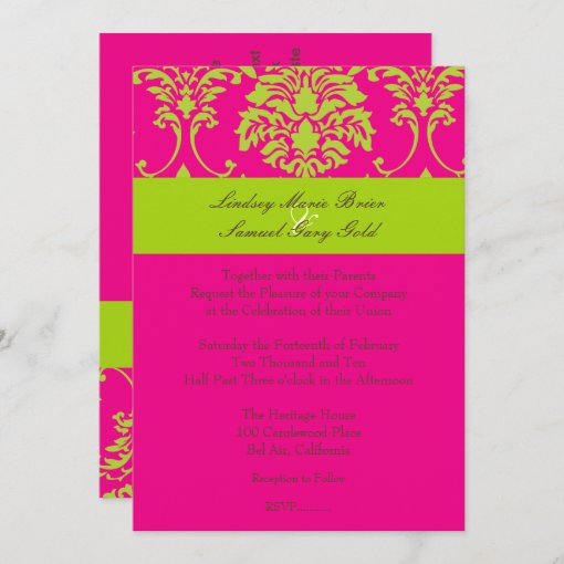 Damask/lime green/hot pink invitation | Zazzle