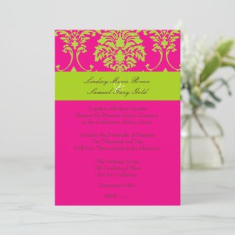 Damask/lime green/hot pink invitation | Zazzle