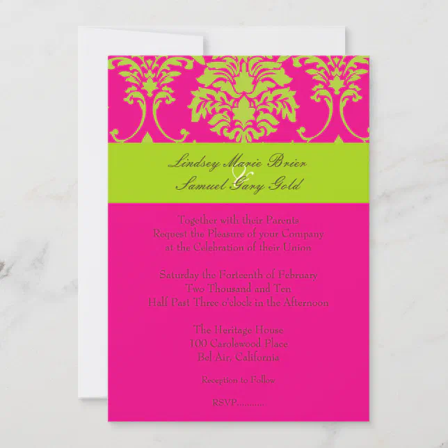 Damask/lime green/hot pink invitation | Zazzle
