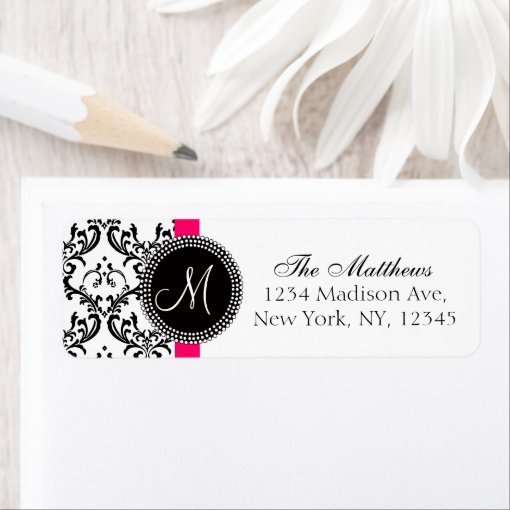 Damask Monogram Address Labels Black White | Zazzle