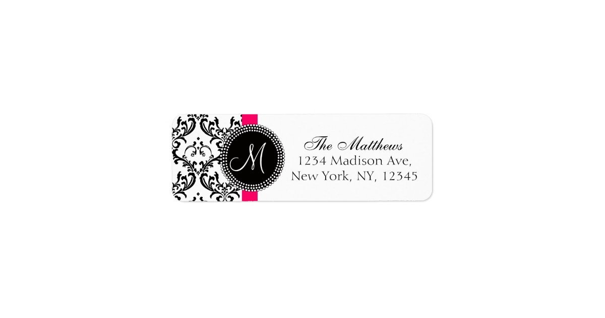 Damask Monogram Address Labels Black White | Zazzle