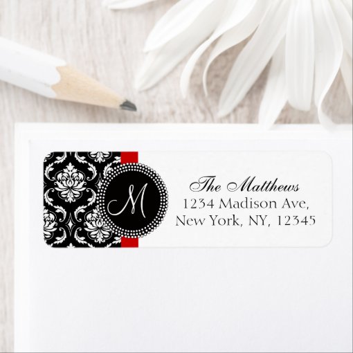 Damask Monogram Address Labels Red Black White | Zazzle