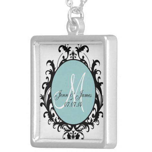 Damask Monogram Names Wedding Date Necklace | Zazzle