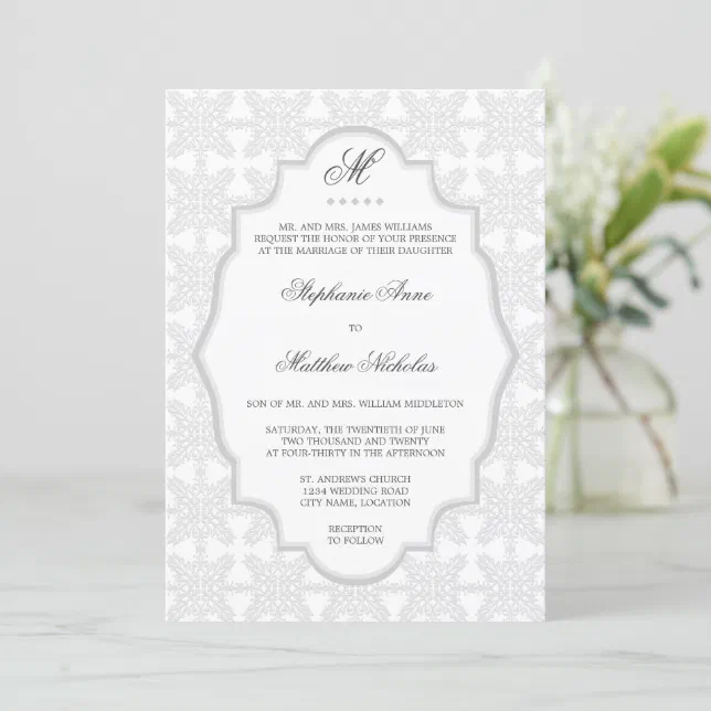 Damask Monogram Silver Gray Wedding Invitation | Zazzle