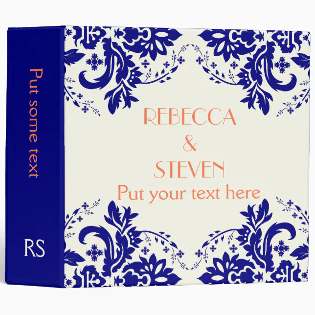 Damask navy blue, coral, ivory wedding planner binder | Zazzle