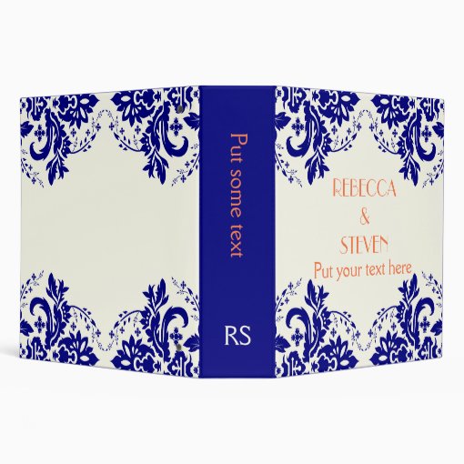 Damask navy blue, coral, ivory wedding planner binder | Zazzle