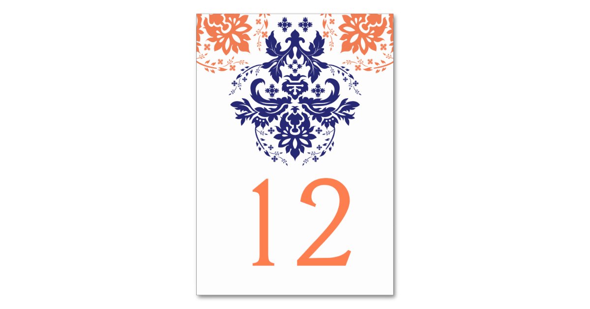 Damask navy blue, coral wedding table number | Zazzle