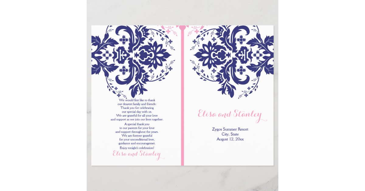 Damask navy blue, pink wedding program | Zazzle