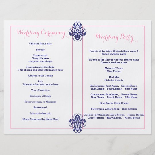 Damask navy blue, pink wedding program | Zazzle.com