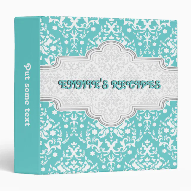 Damask pattern aqua, white & grey frame recipe binder | Zazzle