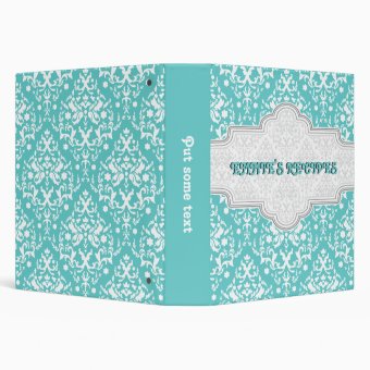 Damask pattern aqua, white & grey frame recipe binder | Zazzle