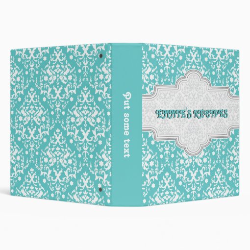 Damask pattern aqua, white & grey frame recipe binder | Zazzle