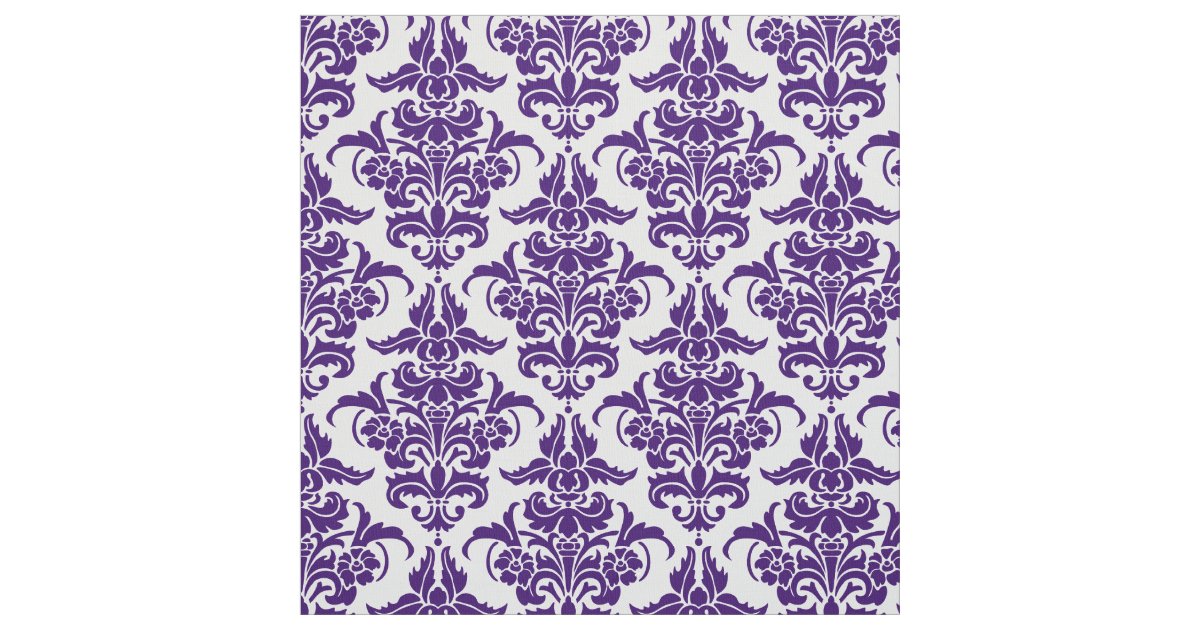 Damask Pattern - Deep Purple on White Fabric | Zazzle