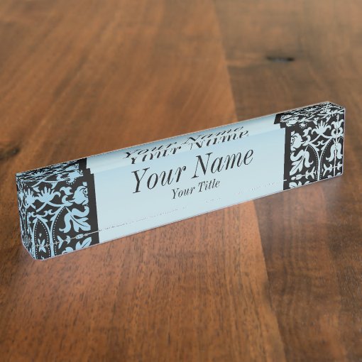 Damask Pattern in Aqua Blue and Black | DIY Text Desk Name Plate | Zazzle