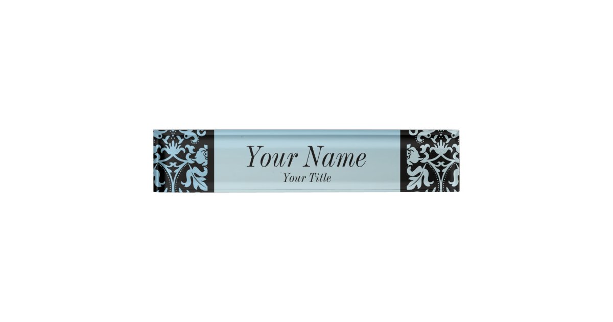 Damask Pattern in Aqua Blue and Black | DIY Text Desk Name Plate | Zazzle