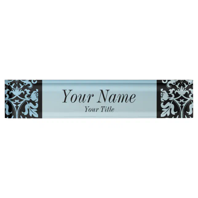 Damask Pattern in Aqua Blue and Black | DIY Text Desk Name Plate | Zazzle