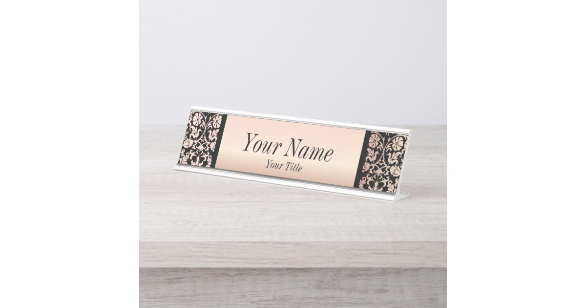 Damask Pattern in Pink Rose and Black | DIY Text Desk Name Plate | Zazzle
