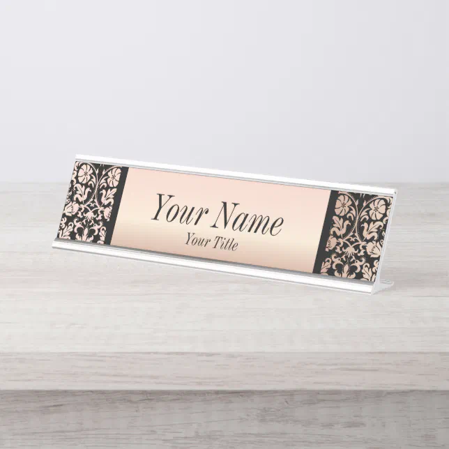 Damask Pattern in Pink Rose and Black | DIY Text Desk Name Plate | Zazzle
