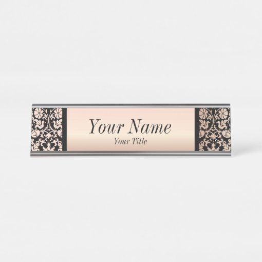 Damask Pattern in Pink Rose and Black | DIY Text Desk Name Plate | Zazzle