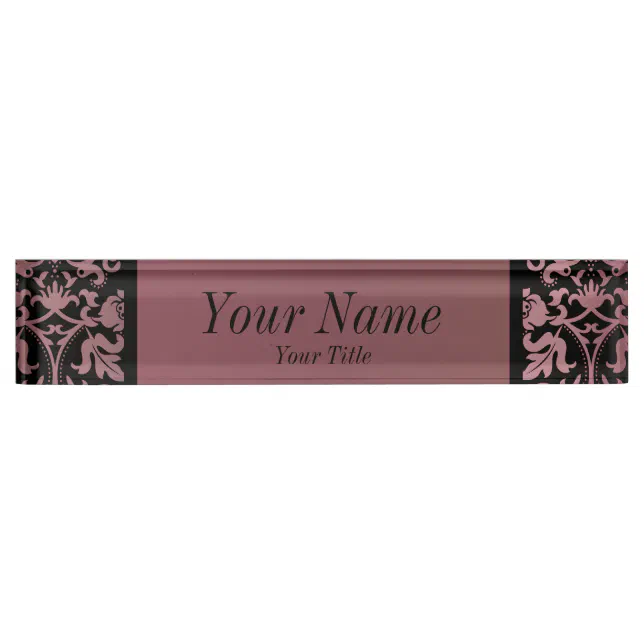 Damask Pattern in Rose Gold and Black | DIY Text Desk Name Plate | Zazzle