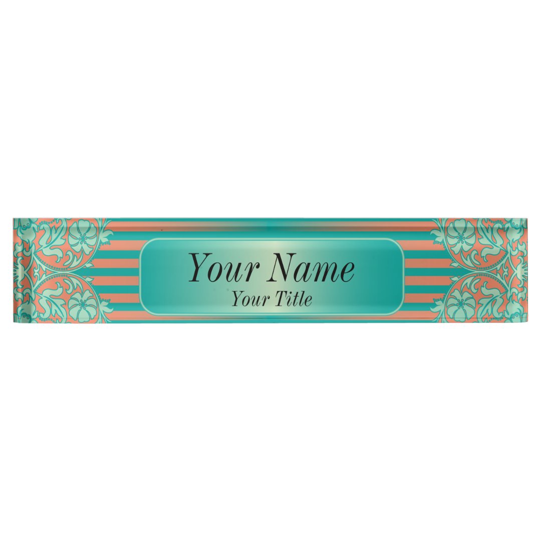 Damask Pattern in Teal & Coral | DIY Text Nameplate | Zazzle