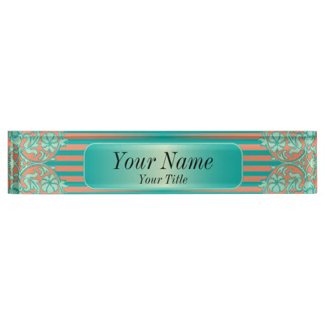 Damask Pattern in Teal & Coral | DIY Text Nameplate | Zazzle