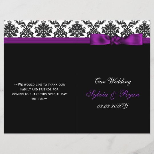 damask ,purple ribbon book fold Wedding program | Zazzle.com
