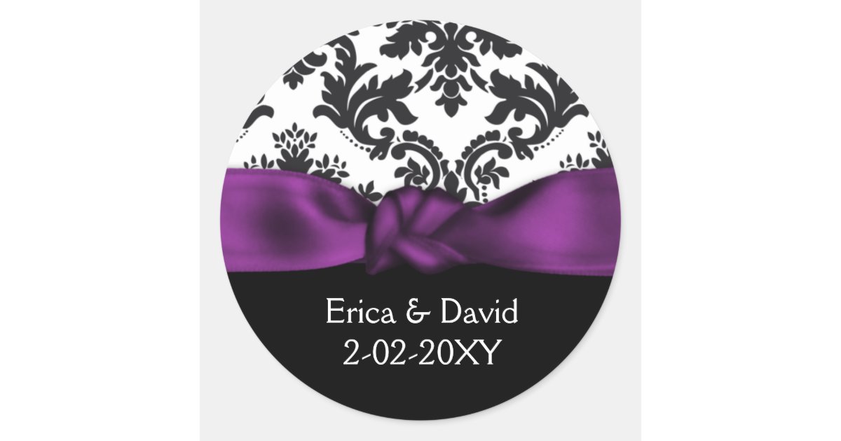 damask purple wedding classic round sticker | Zazzle