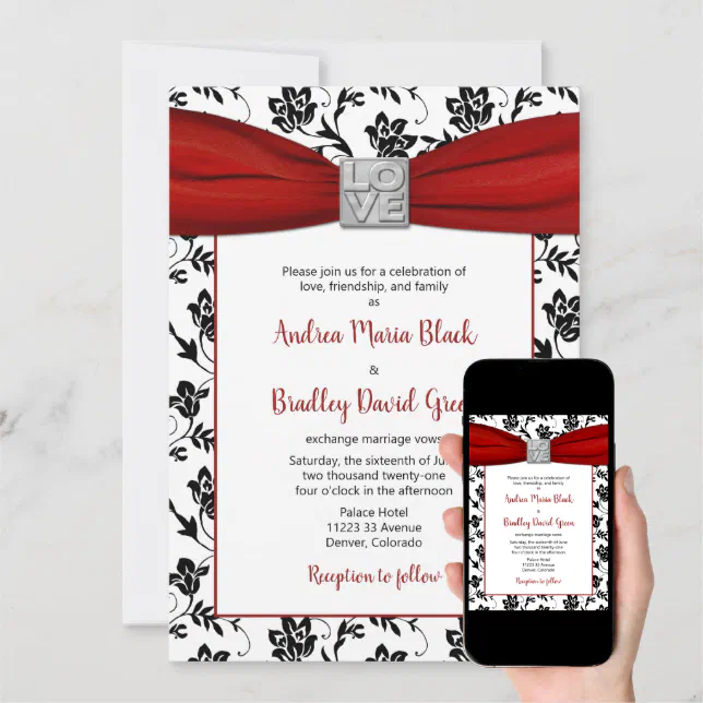 Damask & Red Satin Ribbon Invitation | Zazzle