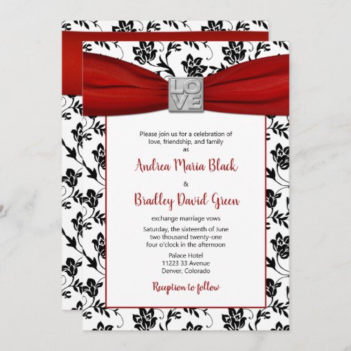 Damask & Red Satin Ribbon Invitation | Zazzle