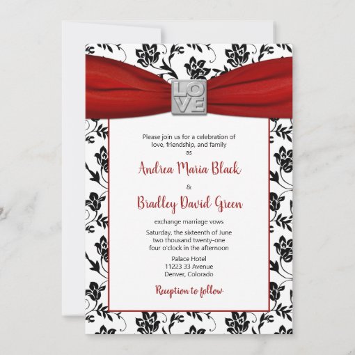 Damask & Red Satin Ribbon Invitation | Zazzle