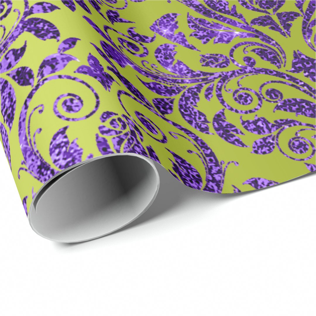 Damask Royal Purple Amethyst Violet Lime Green Wrapping Paper | Zazzle