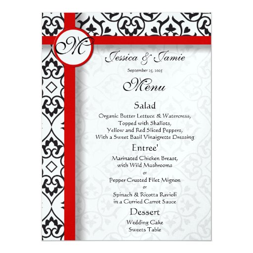 Damask Side Borders Red Trim Wedding Menu Card | Zazzle