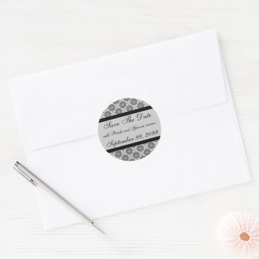 Damask Silver Save The Date Reminders Classic Round Sticker | Zazzle