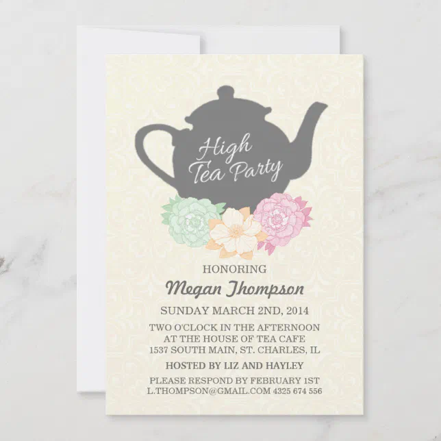 Damask & Teapot High Tea Invitation | Zazzle