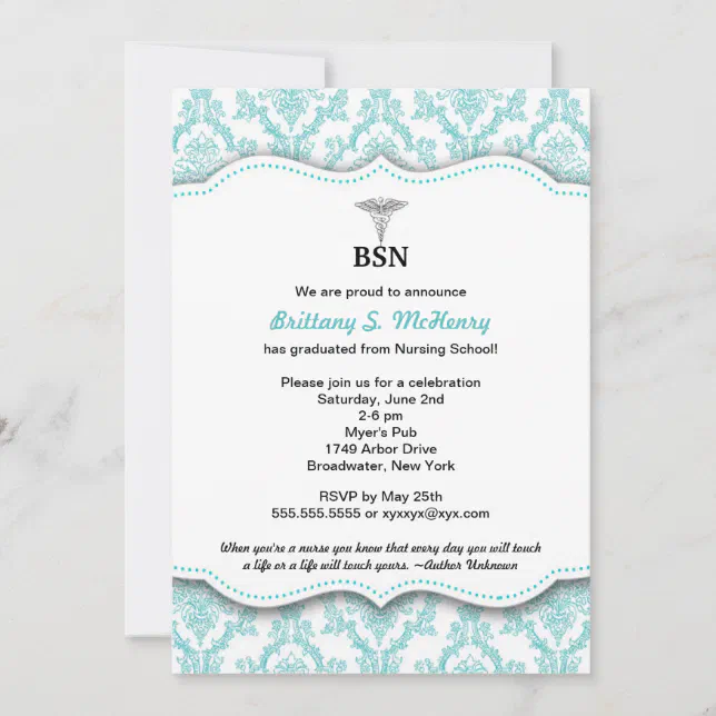 Damask Turquoise Nurse pinning graduation BSN RN Invitation | Zazzle