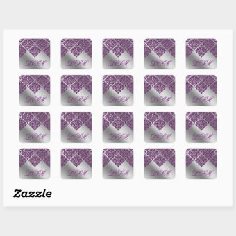 Damask Wedding Stickers Purple Initial Sparkle | Zazzle