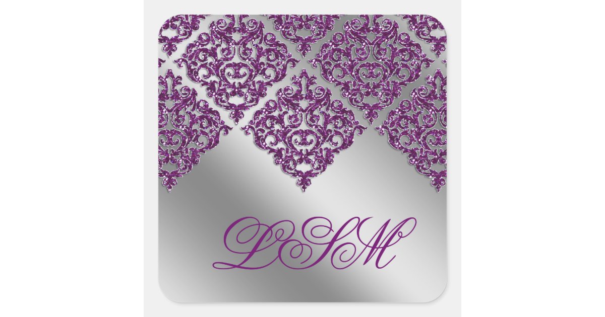 Damask Wedding Stickers Purple Initial Sparkle | Zazzle