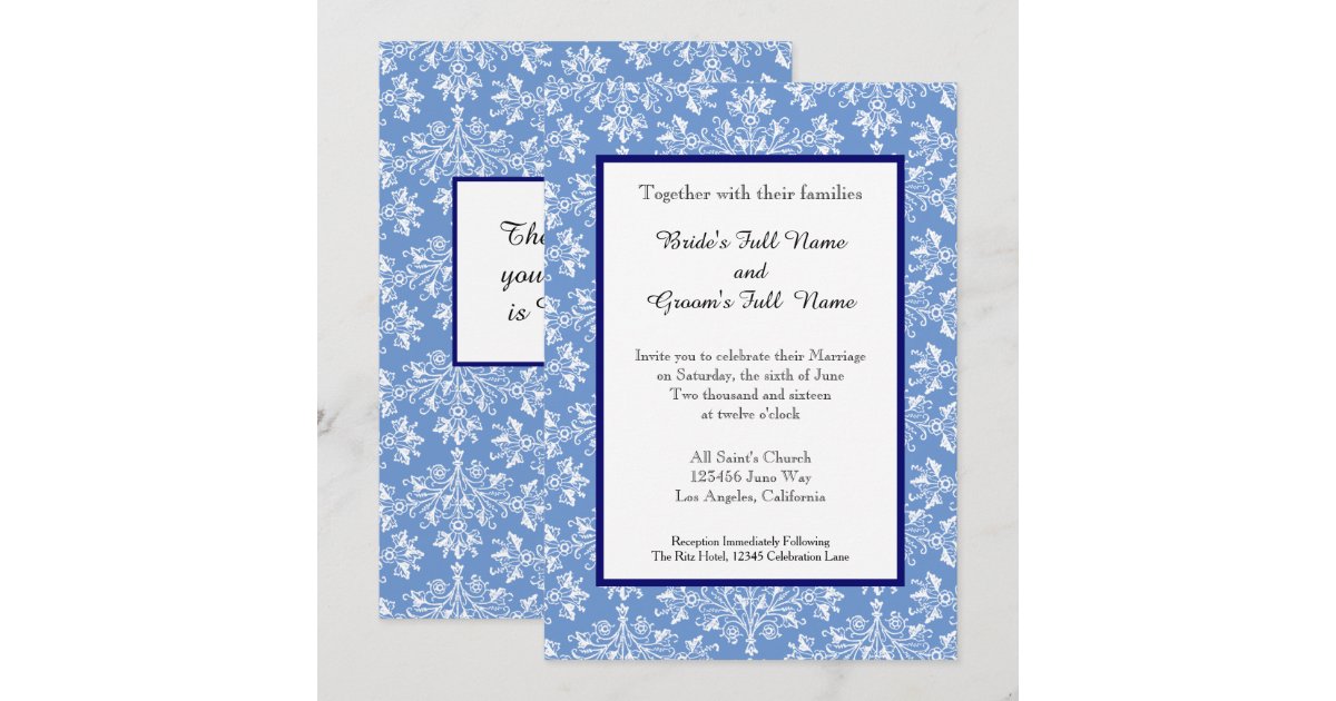 Damask White on Cornflower Blue Editable Wedding Invitation | Zazzle